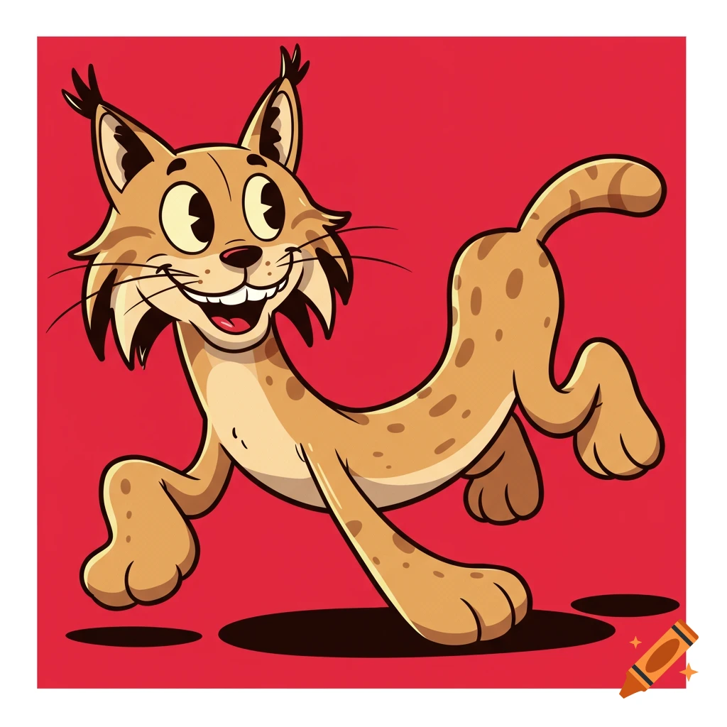 A cartoon lynx character in a rubberhose style is running on a red ...