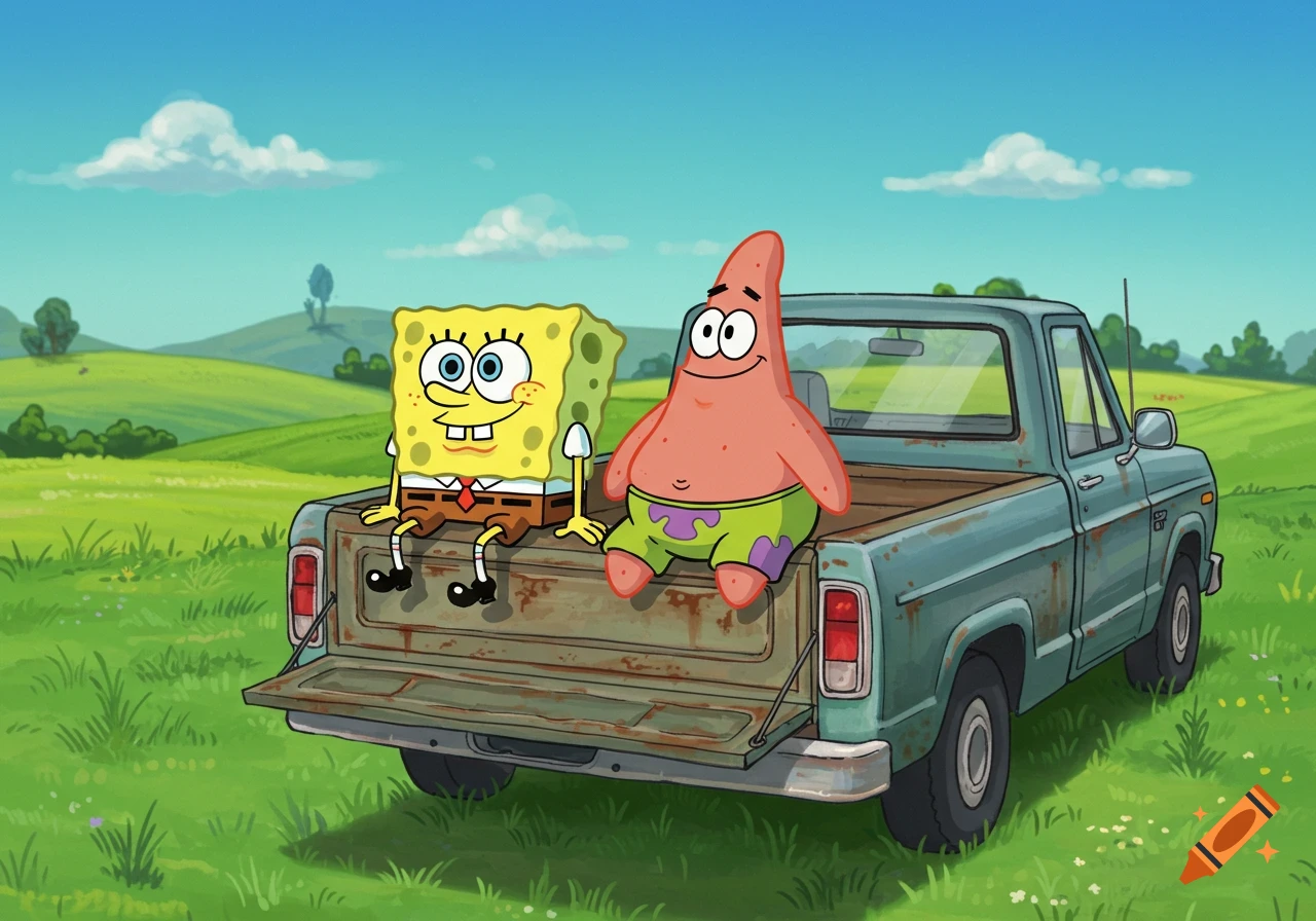 SpongeBob and Patrick sit on the open tailgate of an old pickup truck ...