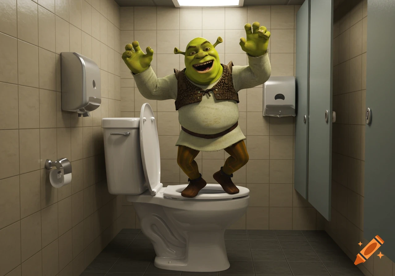 3D render of Shrek dancing happily on top of a toilet in a public ...