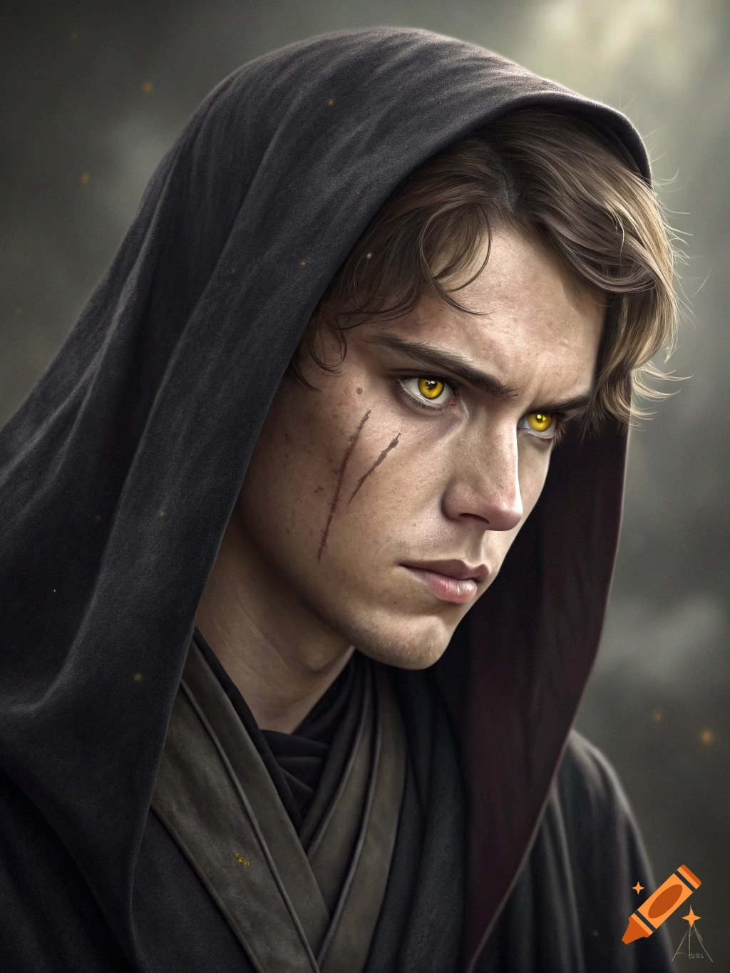 A young man with yellow eyes and facial scars wearing a dark hooded ...
