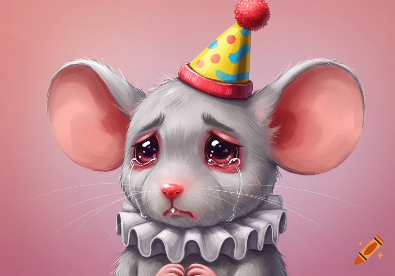 Close-up illustration of a crying mouse wearing a party hat and ruffled ...