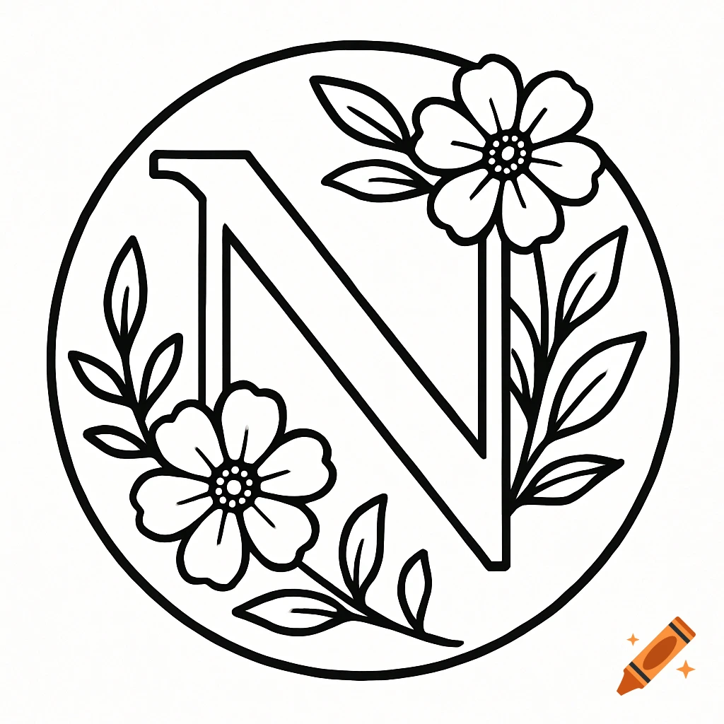 Black line art monogram of letter N surrounded by flowers and leaves ...