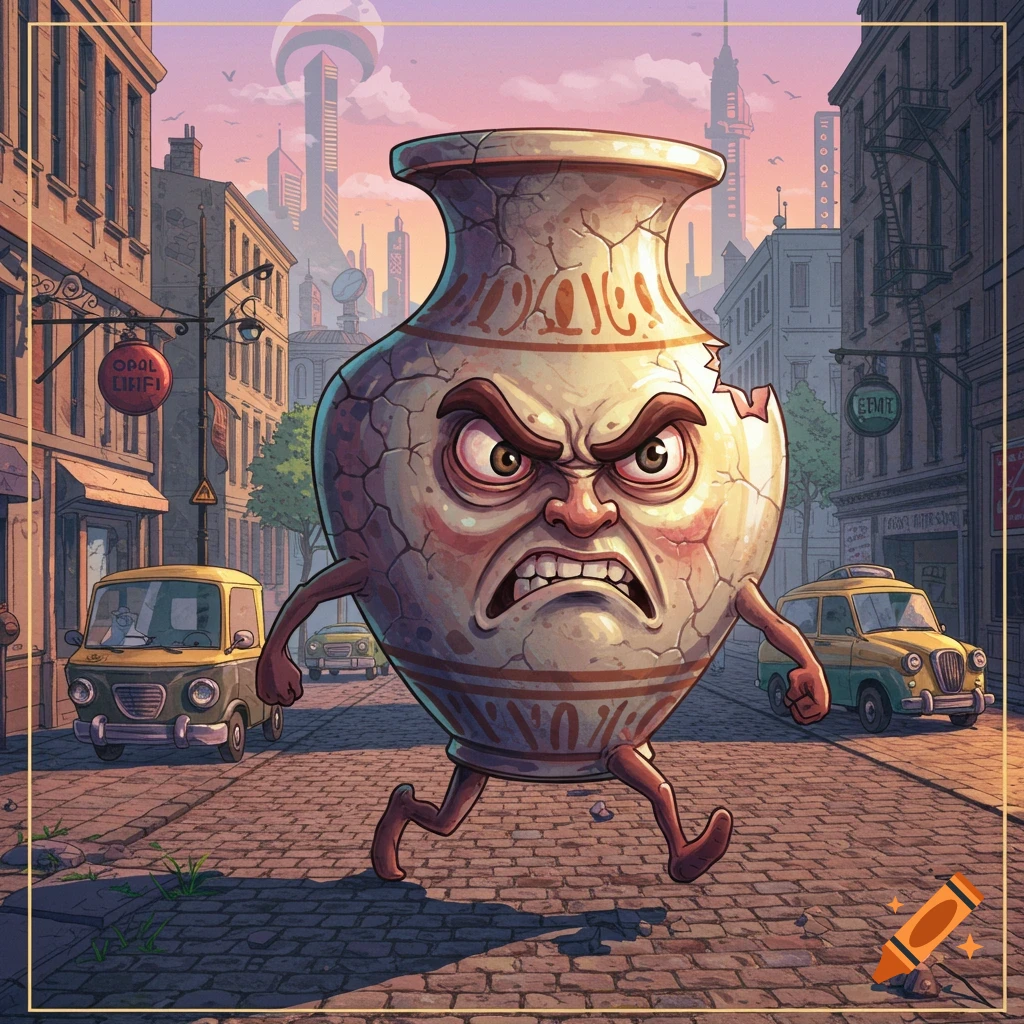 An angry cartoon vase with arms and legs walks down a city street. on Craiyon