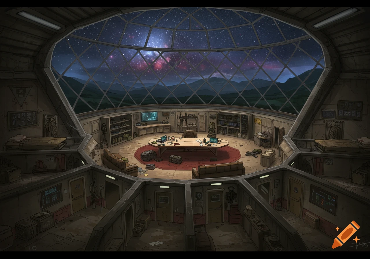 Illustrated interior of a circular sci-fi base room with a large dome ...