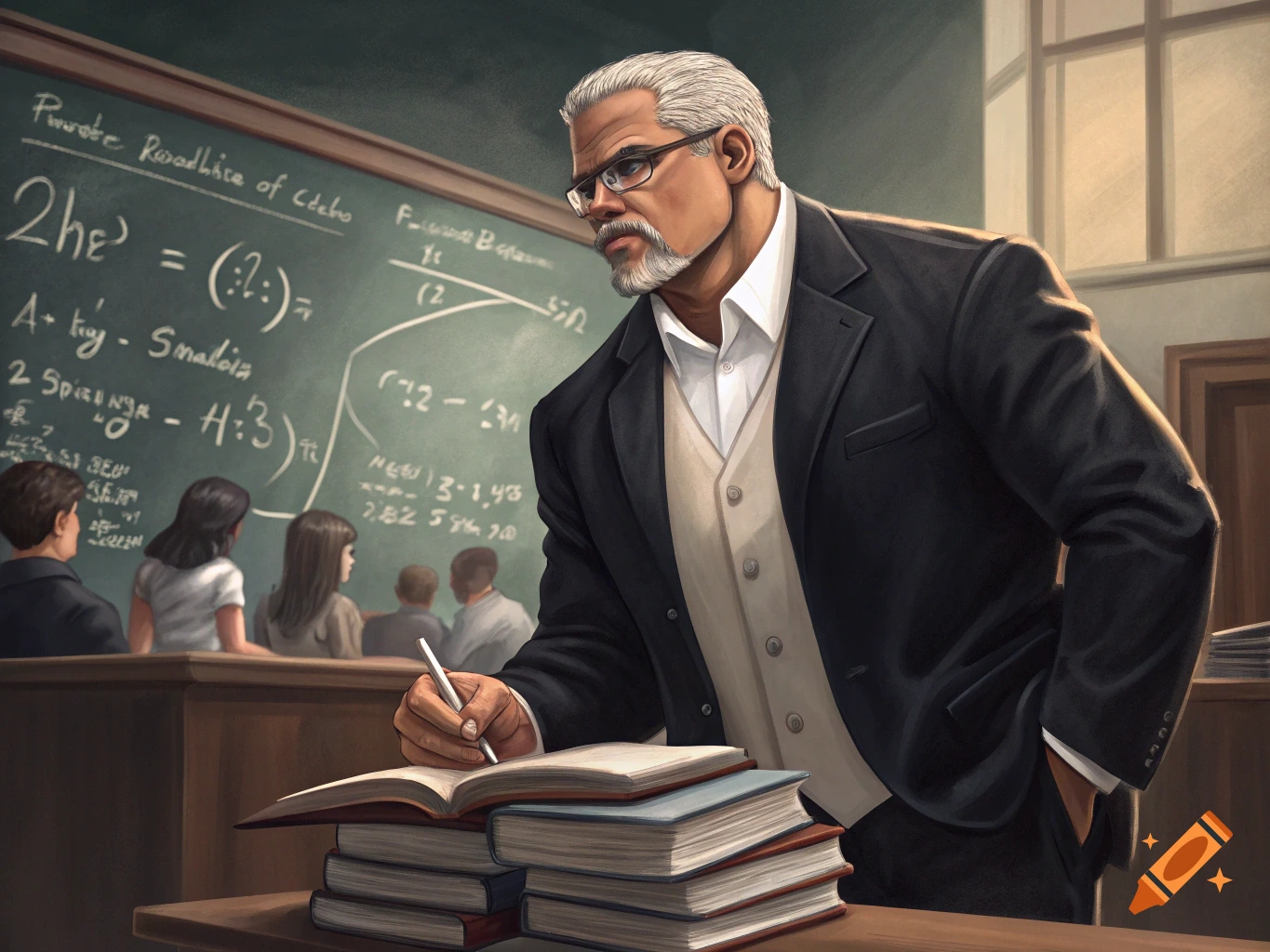 Professor stands at a desk in a classroom with books and a chalkboard ...