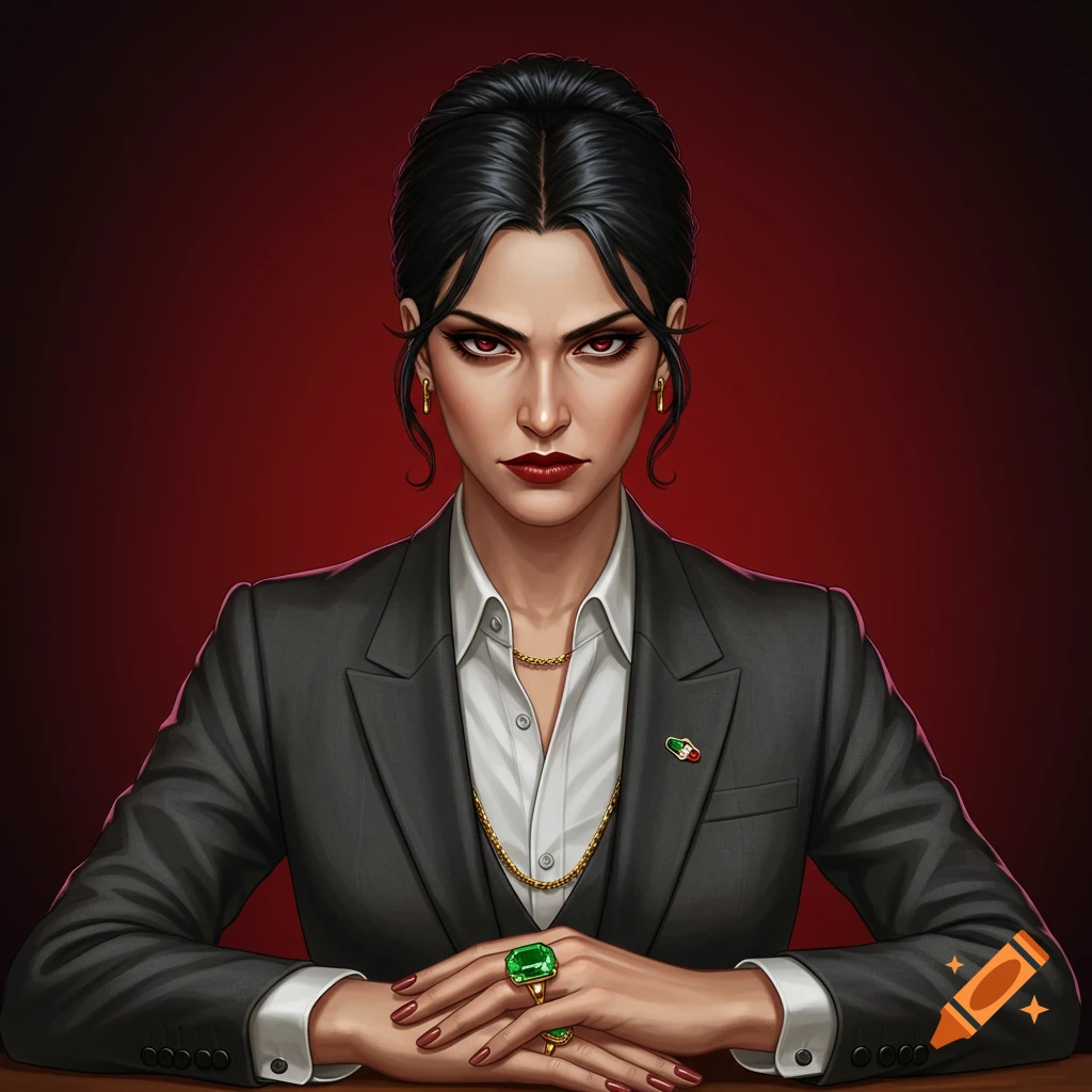 Portrait of a stern woman with dark hair in a suit, sitting at a table ...