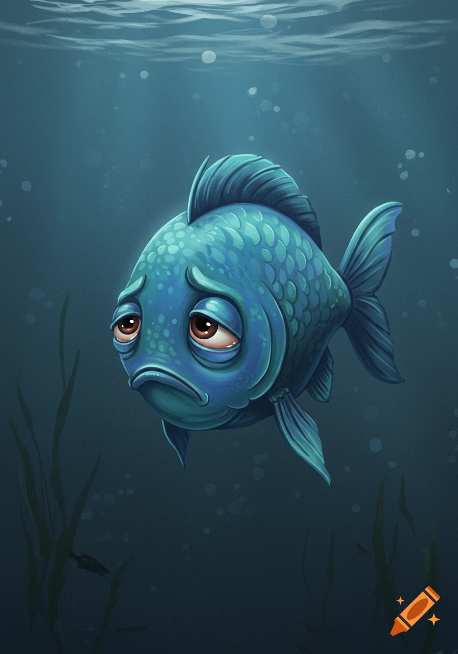 A blue cartoon fish with sad eyes swims underwater with bubbles around ...
