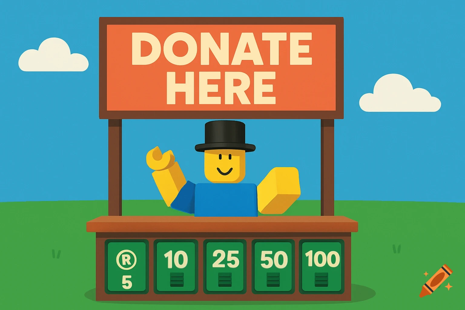 Stylized Roblox character at a donation stand with a 'Donate Here' sign and donation options. on ...