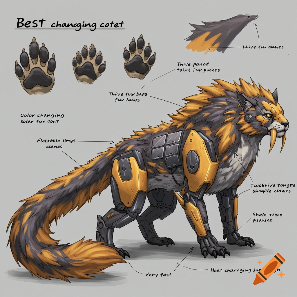 Concept art diagram of a cybernetic saber-tooth tiger creature with fur ...