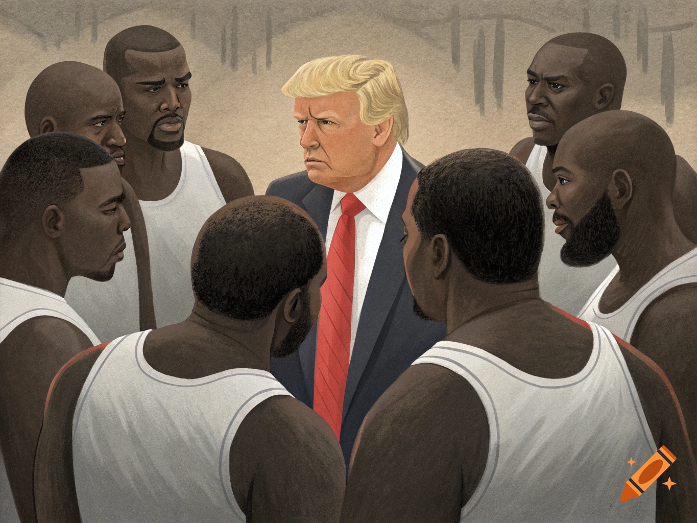Illustration of Donald Trump surrounded by men in tank tops. on Craiyon