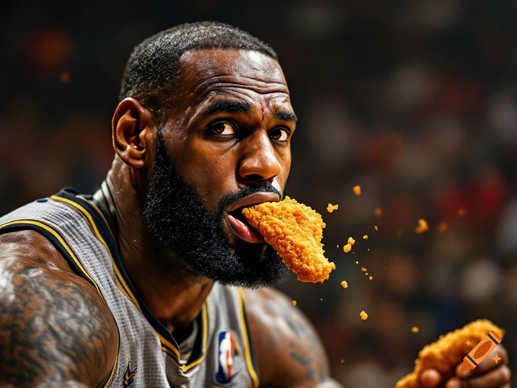 Close-up of LeBron James eating fried chicken during a basketball game ...