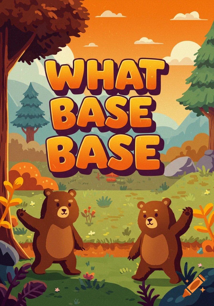 Two cartoon bears in a forest with orange text reading WHAT BASE BASE ...