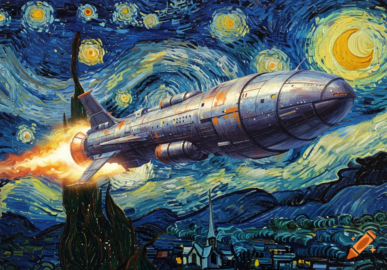 Spaceship flying over village in Van Gogh's Starry Night style. on Craiyon