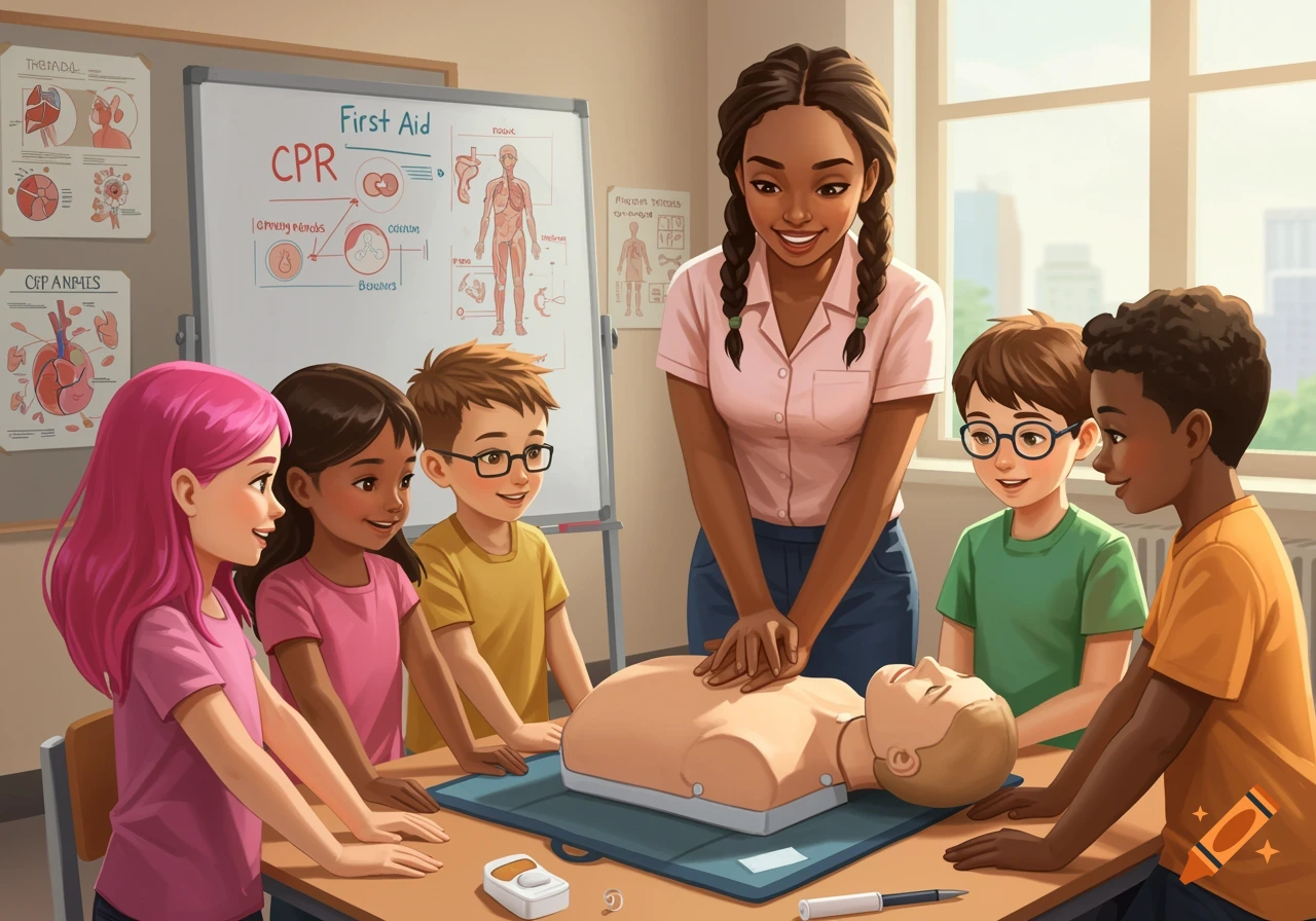 A diverse group of children learn CPR from a teacher using a mannequin and diagrams in a ...