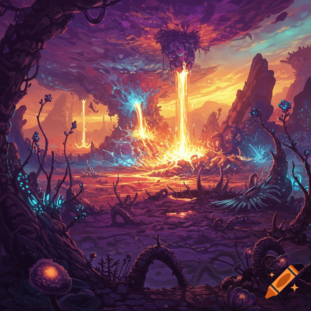 Vibrant illustration of a strange alien landscape with lava flows and glowing purple plants. on ...