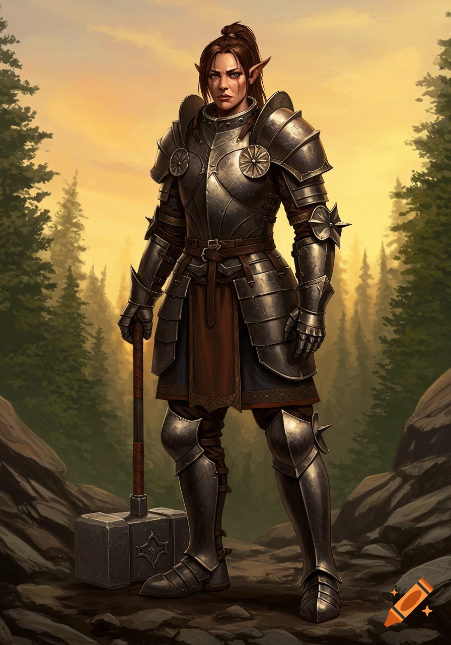 A brown-haired half-elf female in heavy metal armor stands in a forest ...