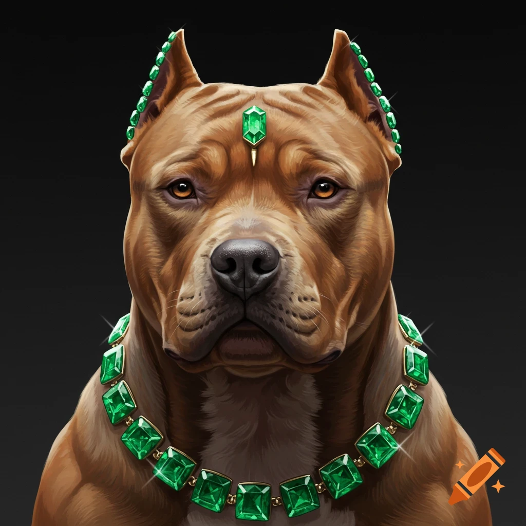 Close-up of a pitbull dog wearing an emerald necklace and headpiece on ...
