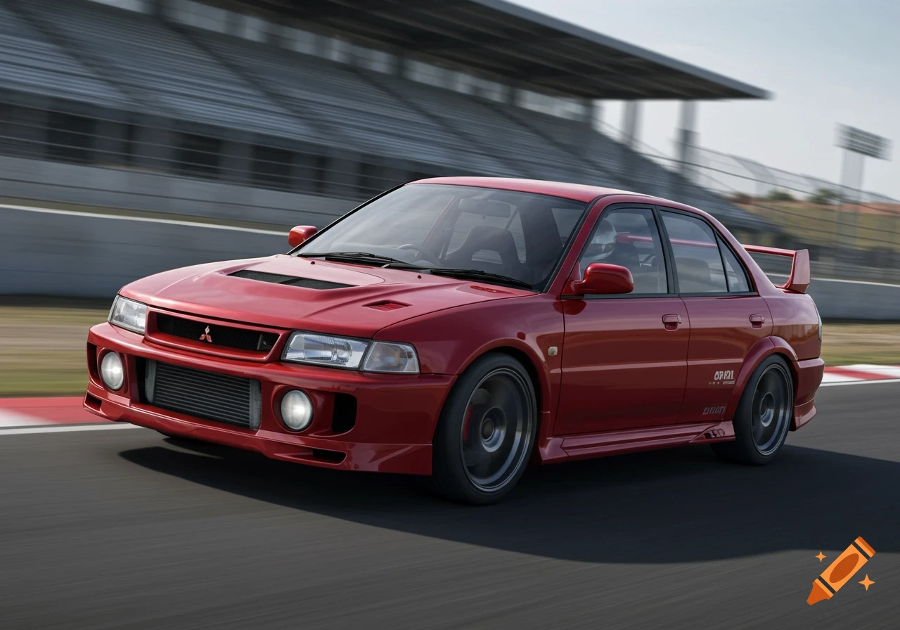 A red Mitsubishi Lancer Evolution V drives on a racetrack. on Craiyon