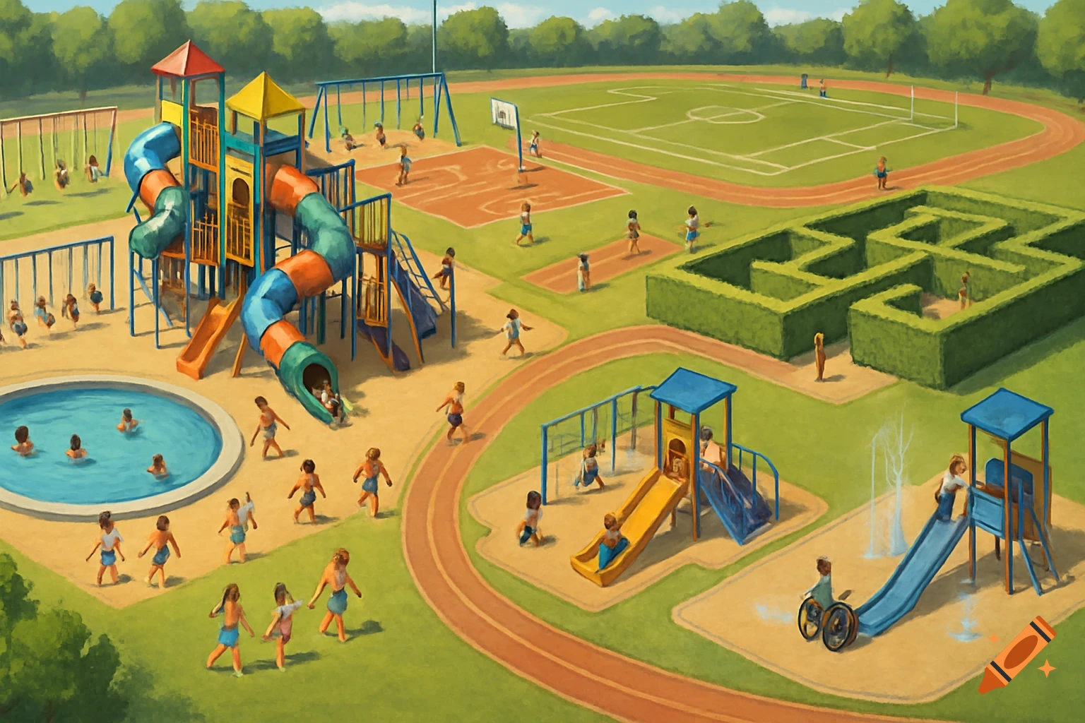 An overhead view of a large, colorful playground complex with slides ...