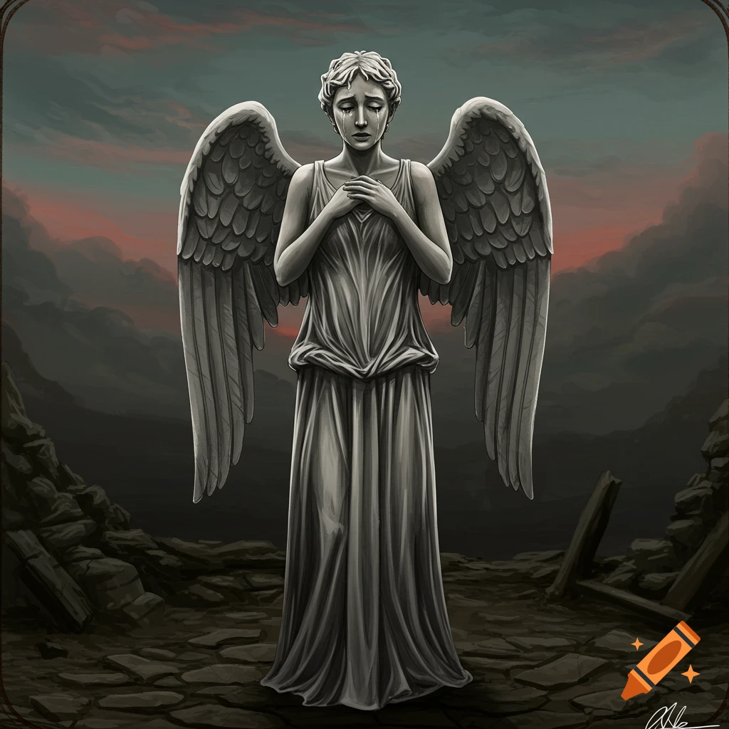 A crying stone angel with large wings stands in a ruined landscape at ...