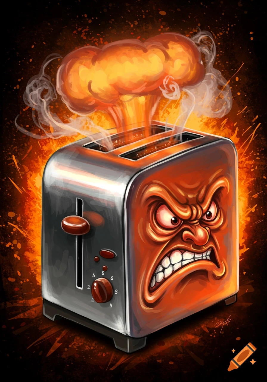 Cartoon illustration of an angry toaster with an explosion coming out ...