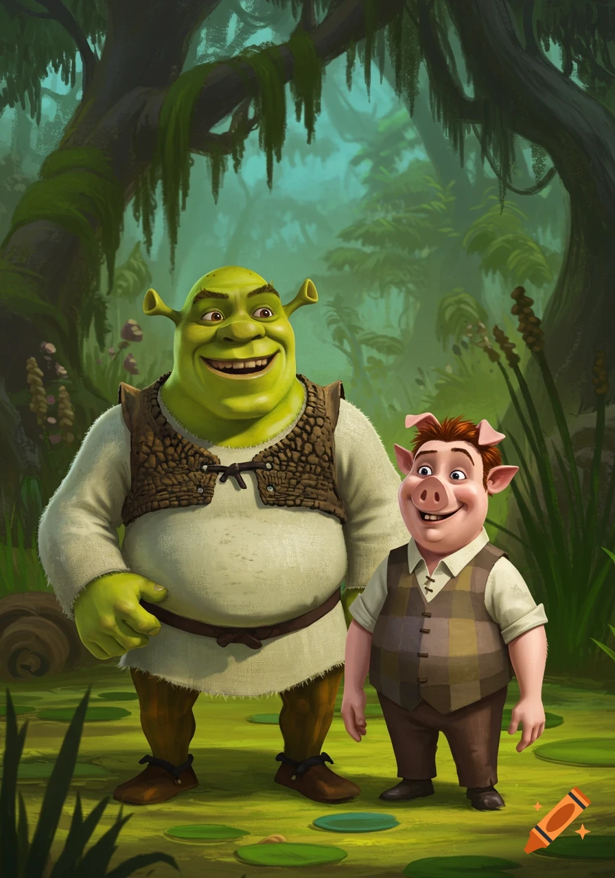 Shrek stands next to a smiling pig character in a green swampy forest ...