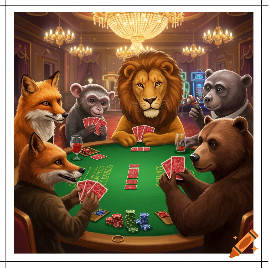 Anthropomorphic animals play poker at a casino table. on Craiyon