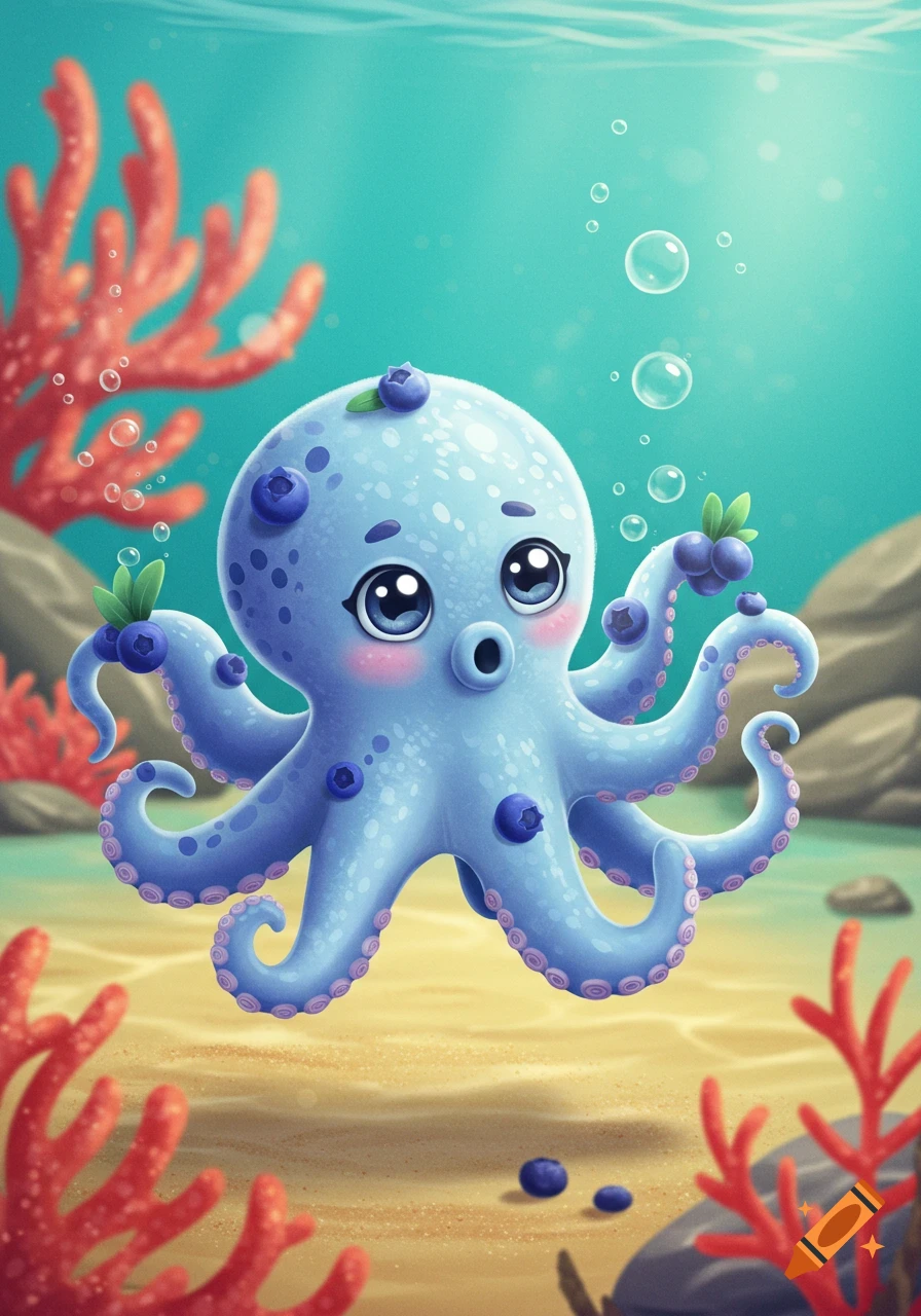 A cute blue cartoon octopus with blueberries swimming underwater near ...