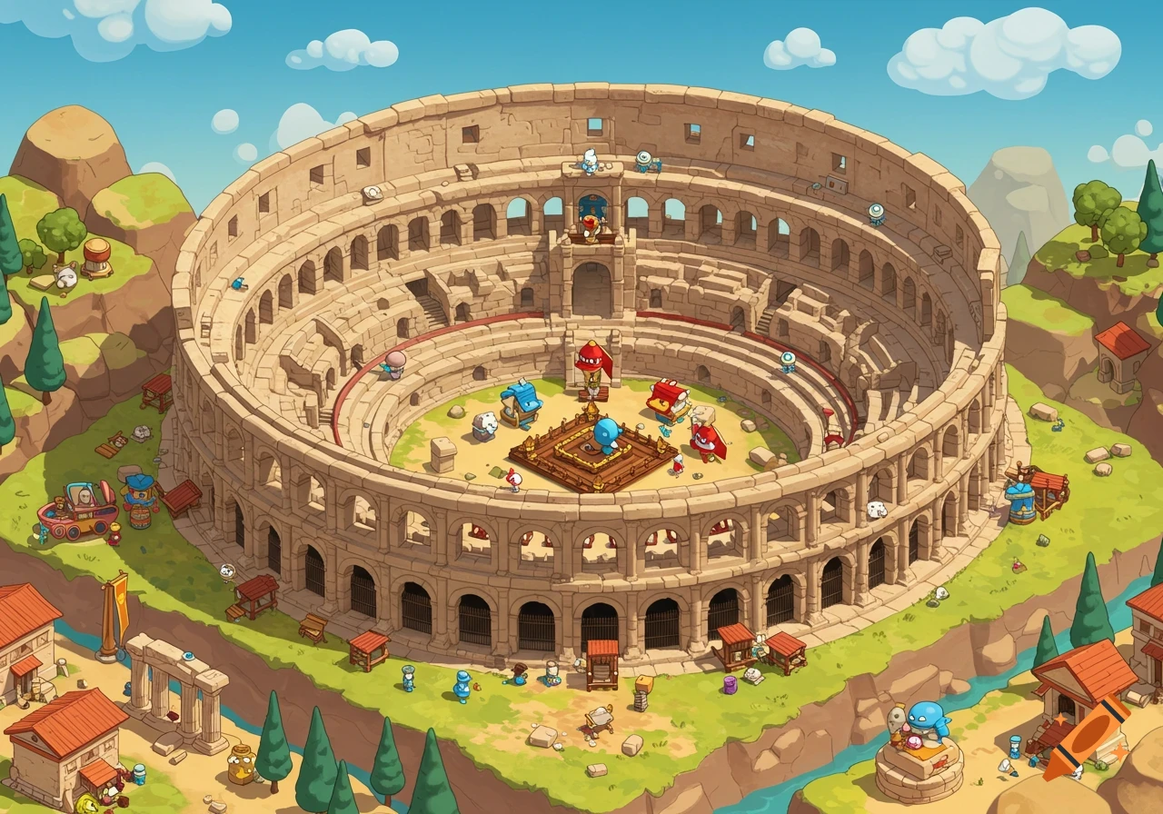 Cartoon isometric view of a Roman Coliseum filled with blob-like ...