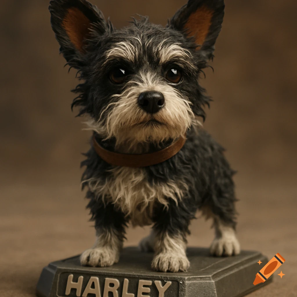 Close-up of a scruffy black and white dog action figure on a base ...