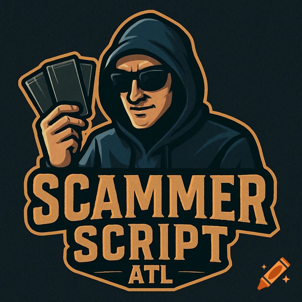 Logo with hooded figure in sunglasses holding cards, text reads SCAMMER ...