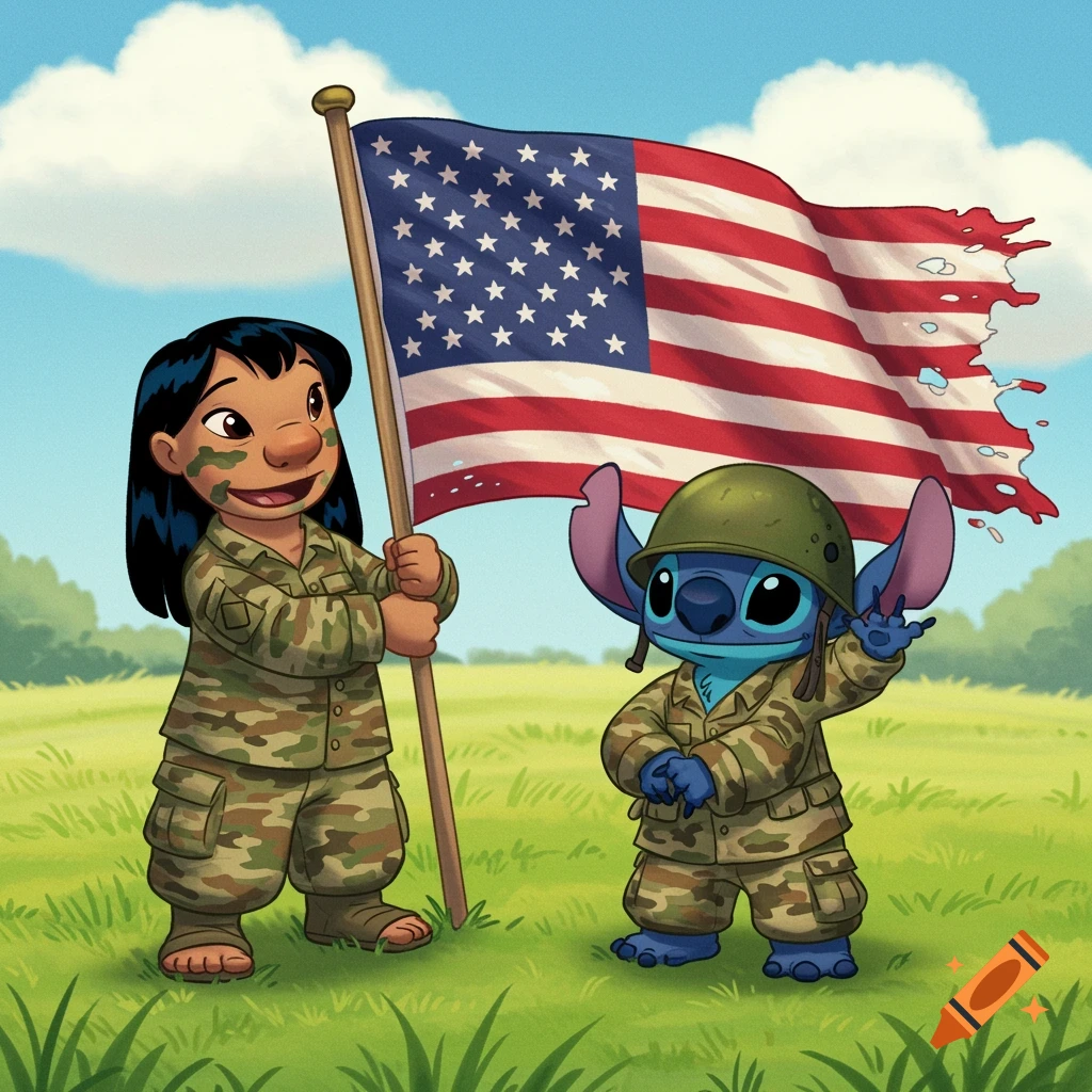 Lilo and Stitch in military uniforms holding an American flag in a ...
