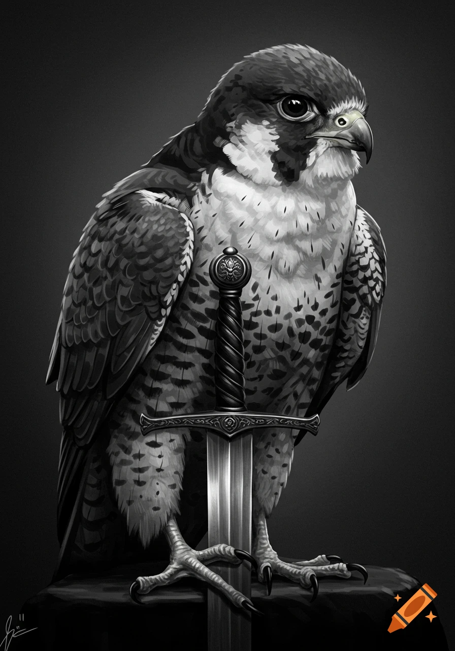 Black and white illustration of a peregrine falcon standing with a ...