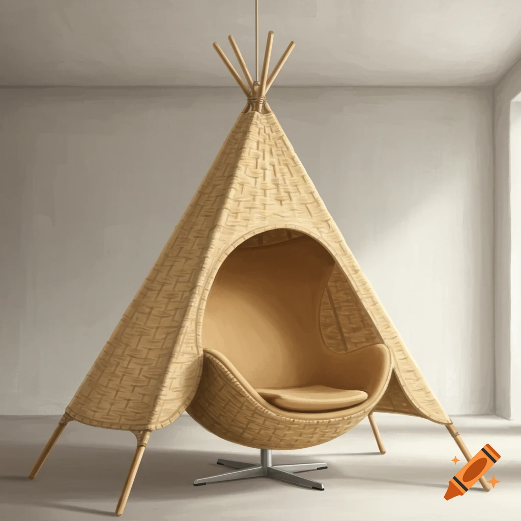 A unique hanging egg chair enclosed in a teepee-like structure in a ...