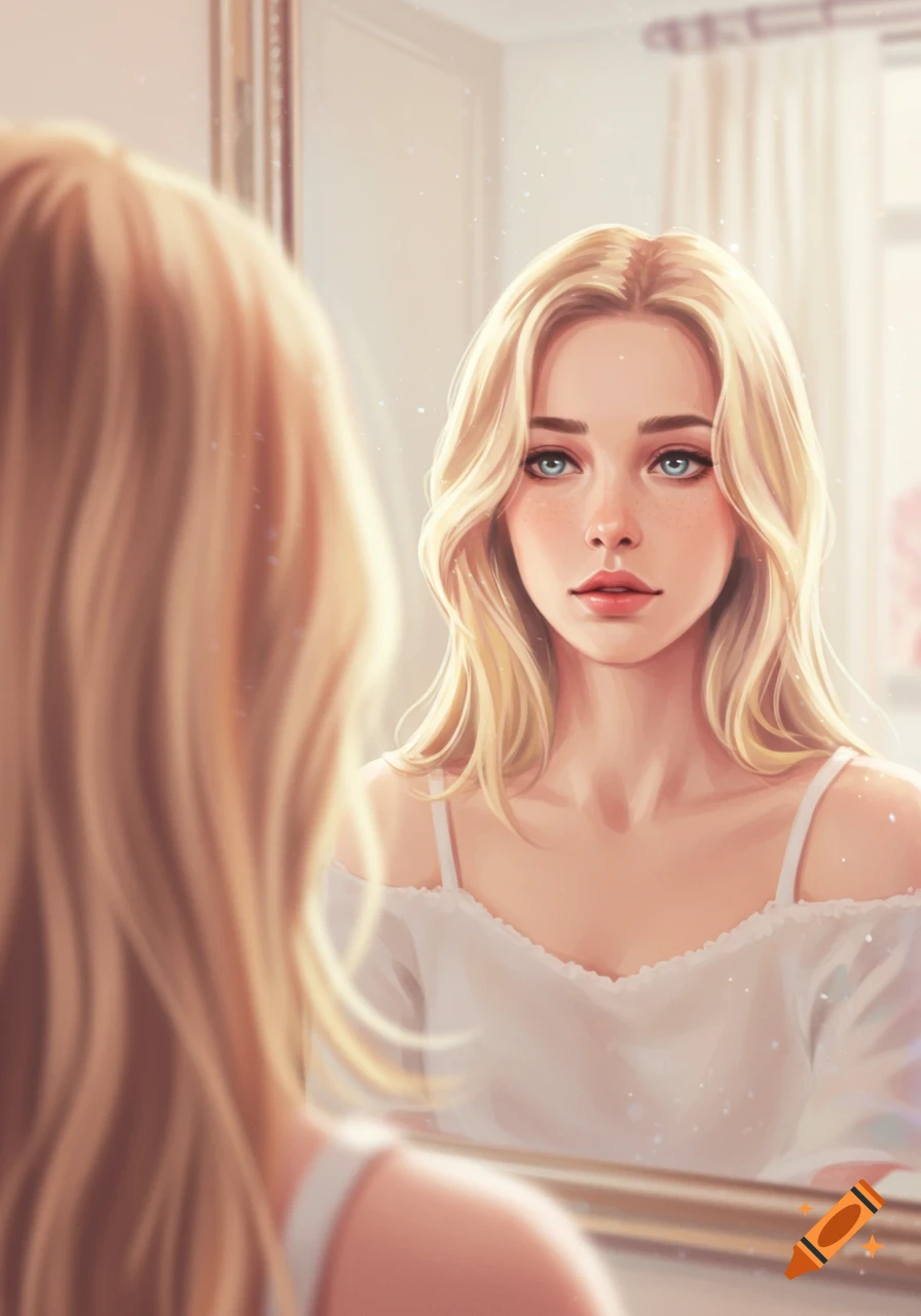 Digital art painting of a blonde woman looking at her reflection in a mirror. on Craiyon