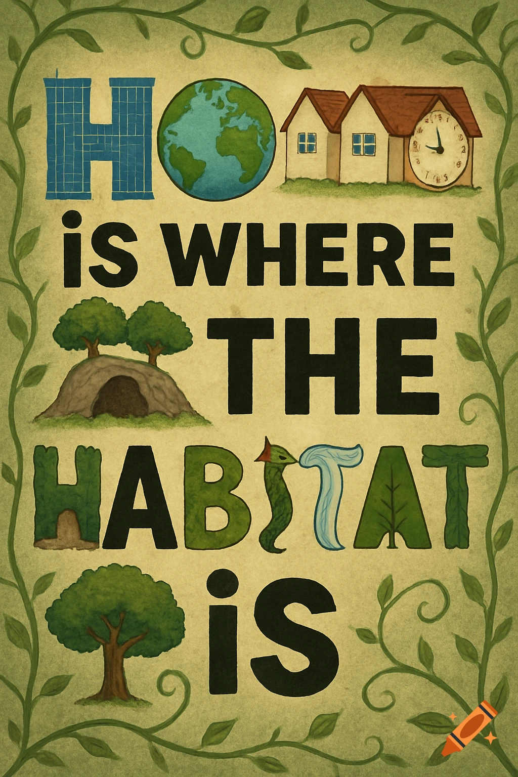 A whimsical illustration poster that reads "HOME is WHERE THE HABITAT ...