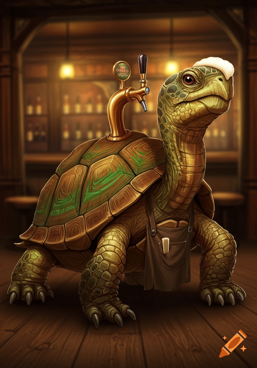 Detailed illustration of a turtle with a beer tap on its shell standing ...