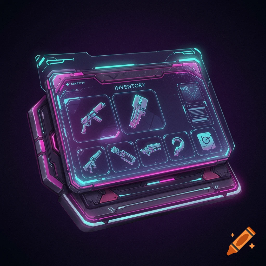A futuristic gaming inventory screen displays weapon and item icons ...