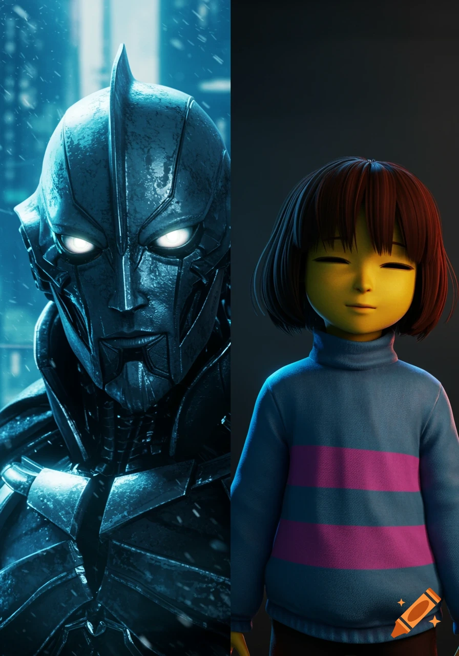 Split image of robot V1 and human Frisk from video games in hyper ...