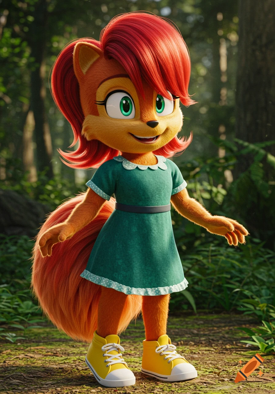 Hyperrealistic portrayal of Sally Acorn in a green dress and yellow ...
