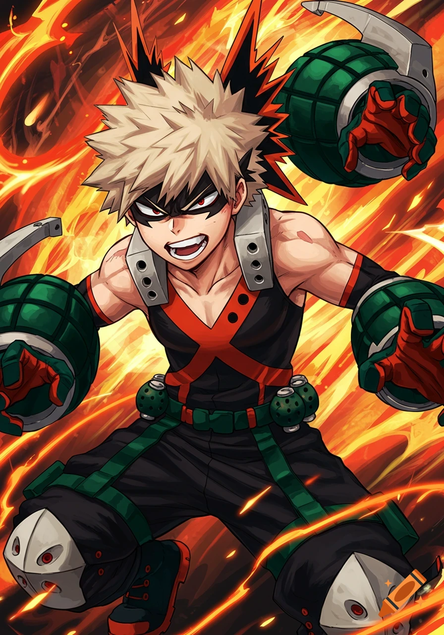 Katsuki Bakugo from My Hero Academia in hero costume with grenade ...