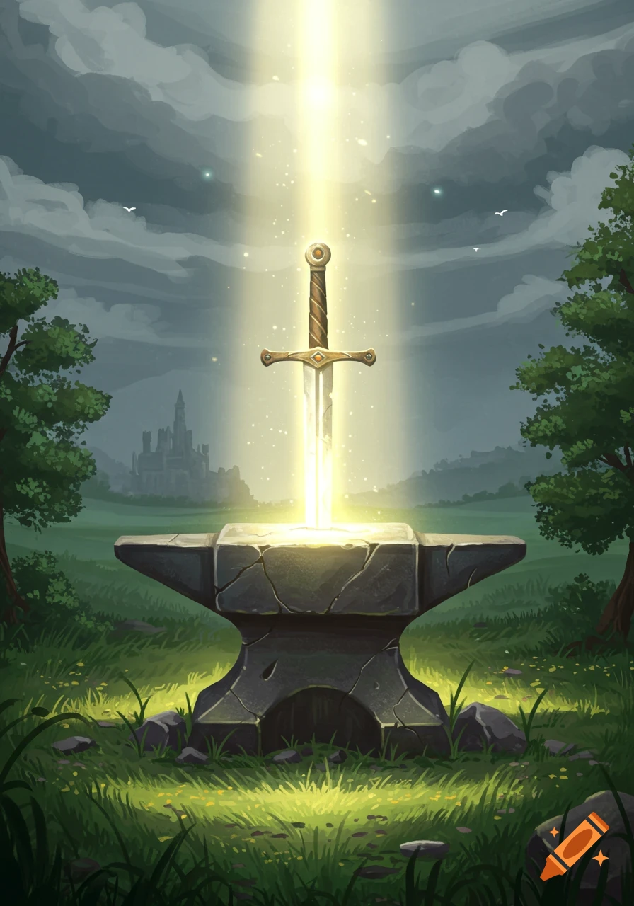 A sword glowing with light, stuck in an anvil in a grassy field with a ...