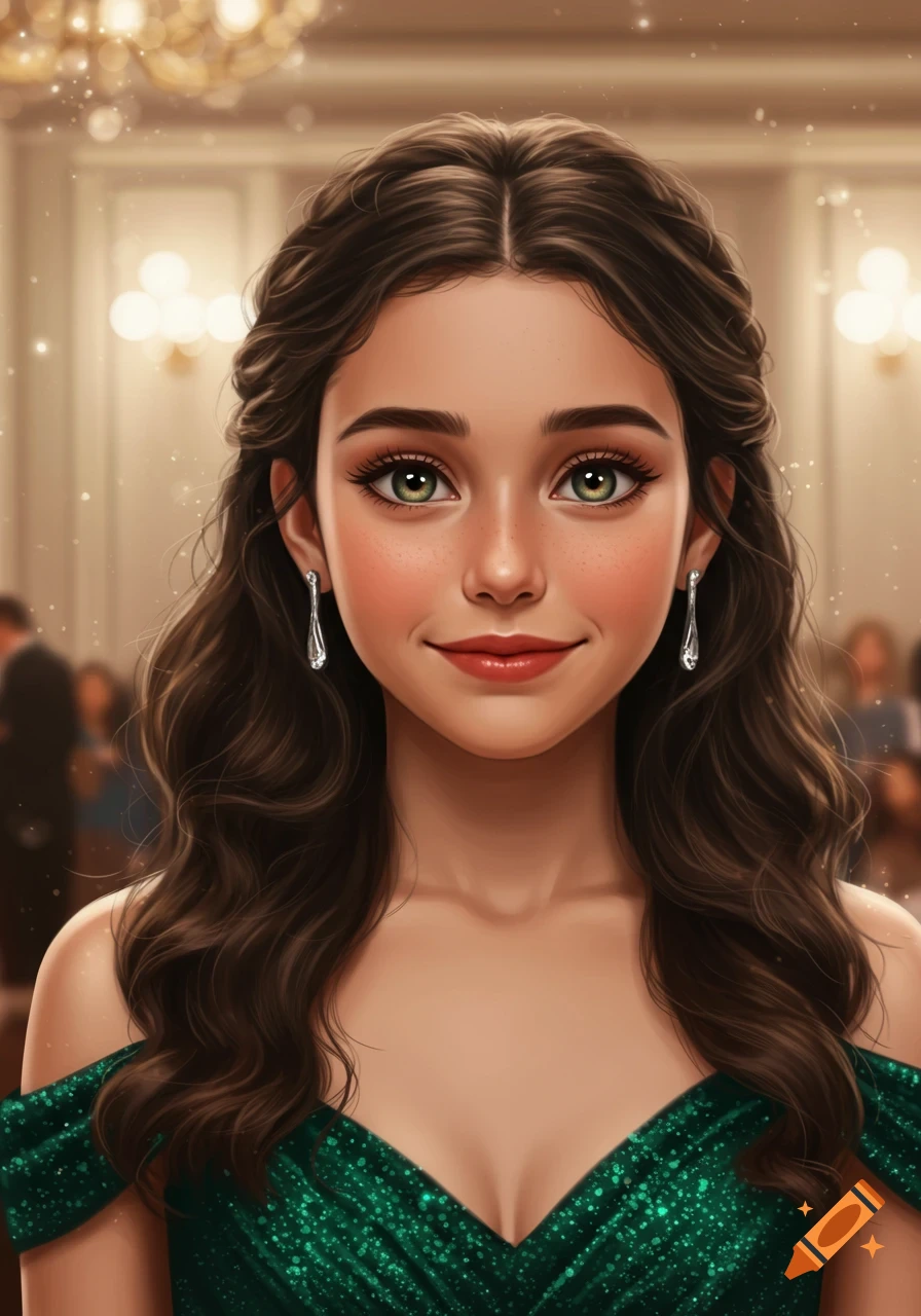 Stylized portrait of a young woman in a green sparkly prom dress ...