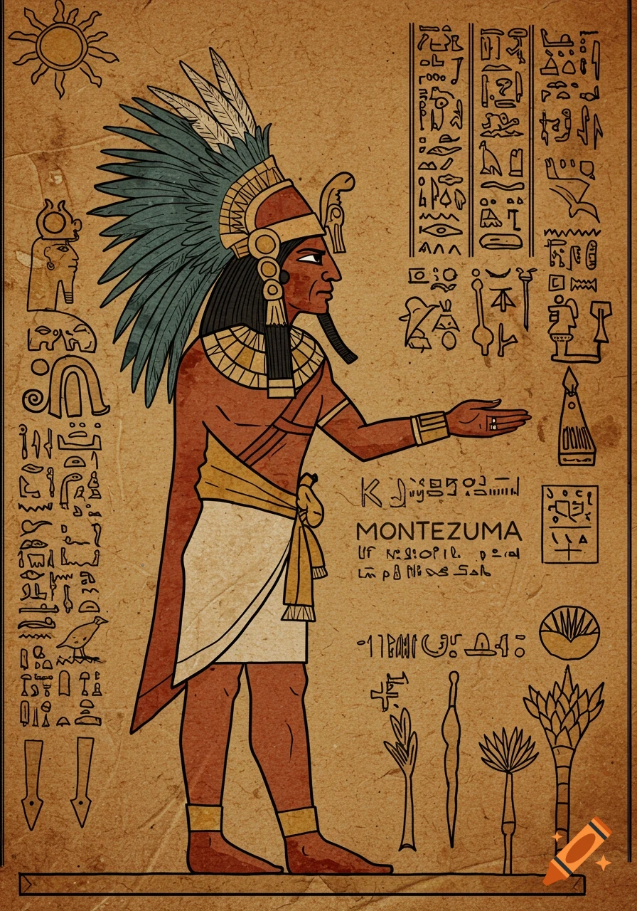 Ancient style drawing of King Montezuma with hieroglyphs on textured ...