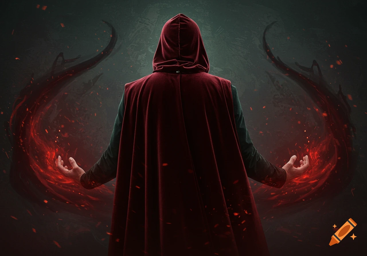 Figure in red hooded cloak with arms outstretched, surrounded by ...