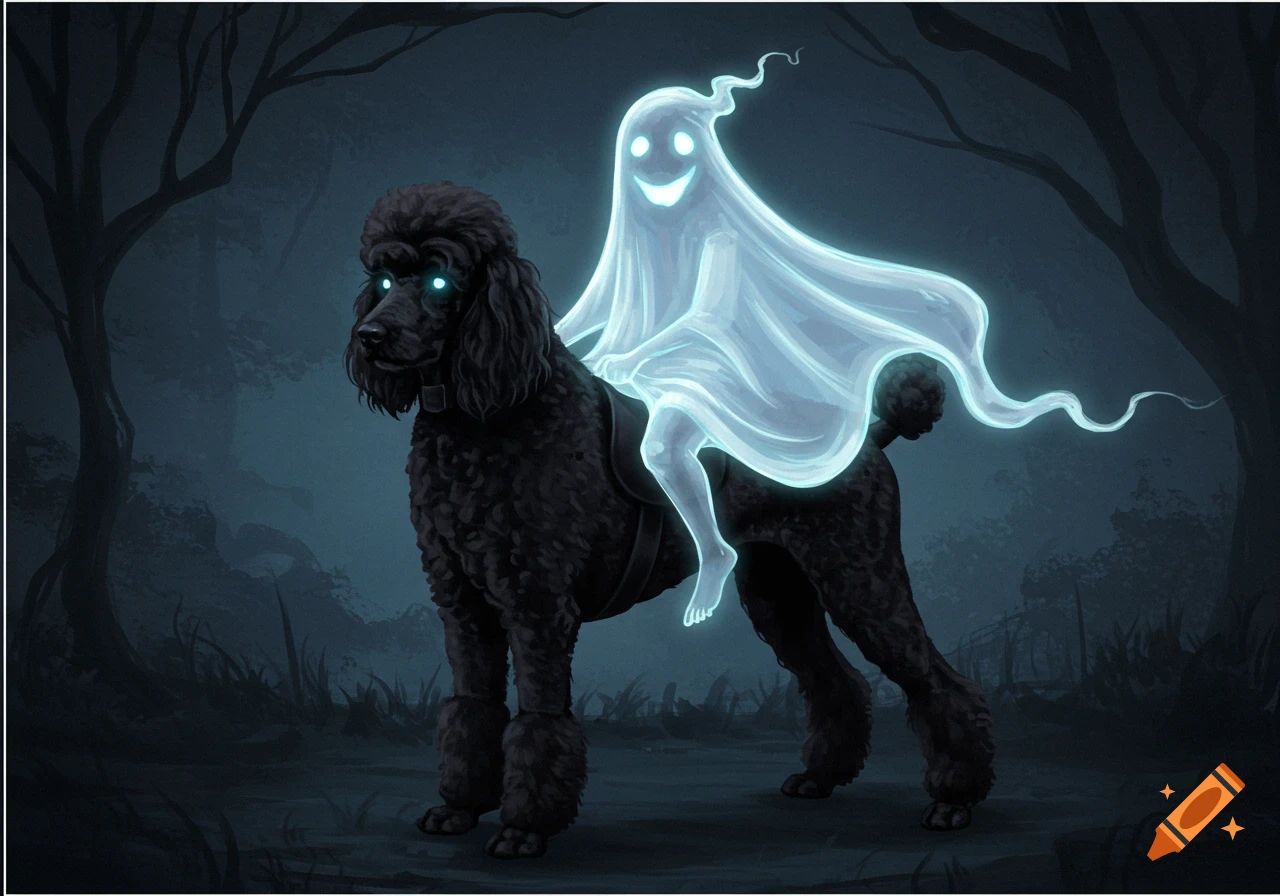 A glowing white ghost rides on the back of a black standard poodle in a ...