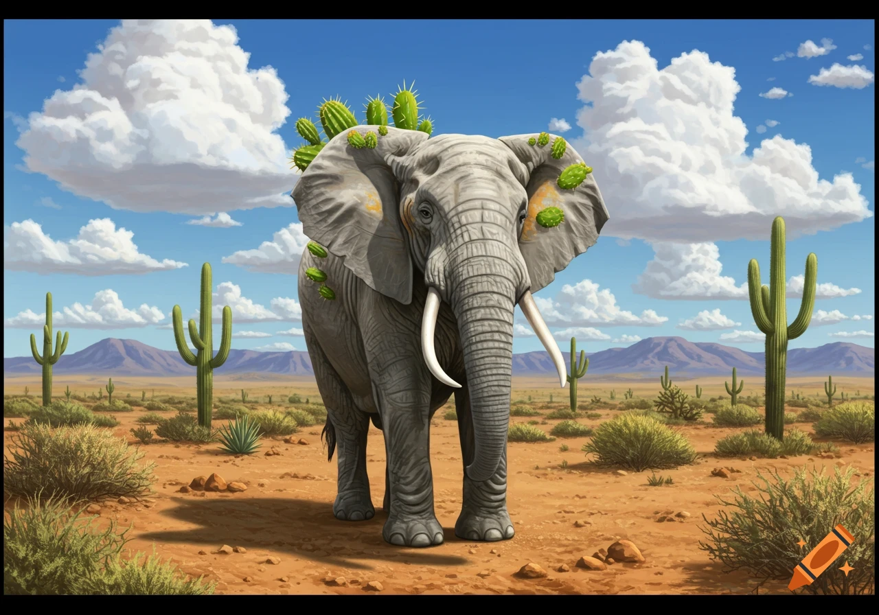 An elephant with cacti growing on its back and ears stands in a desert ...