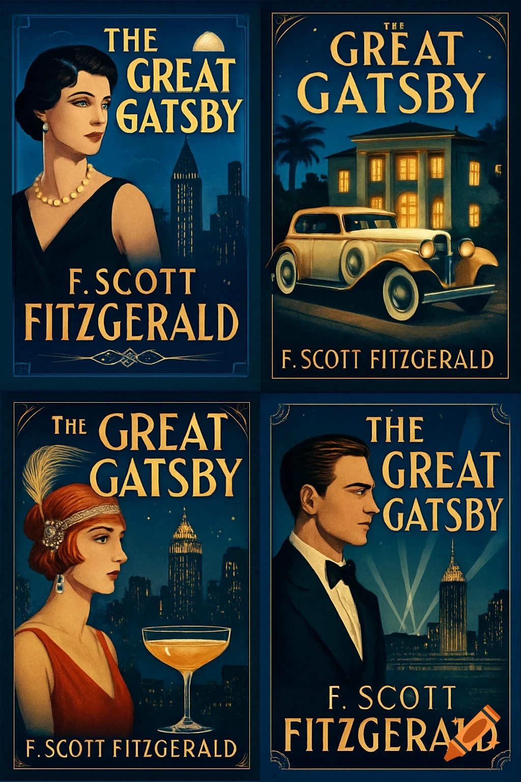Four art deco style book covers for The Great Gatsby featuring ...