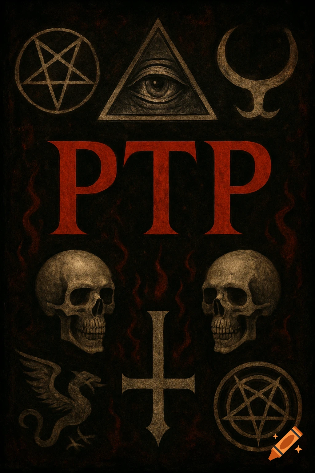Dark illustration with skulls, occult symbols, and the letters PTP on ...