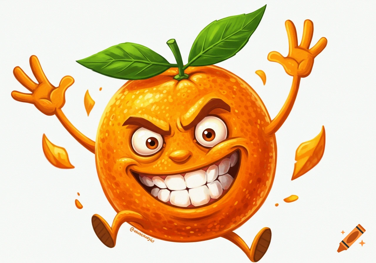 Cartoon orange character with menacing grin, arms raised, running. on ...